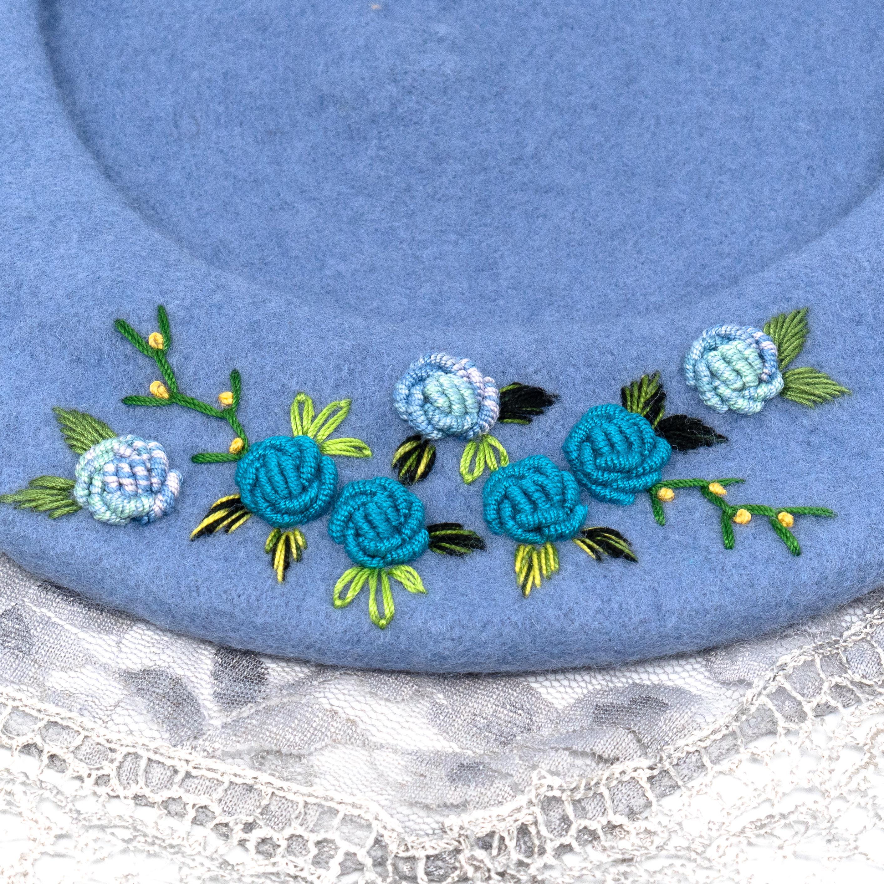 100% Wool Beret Hat, Handmade Winter French Cap Hand Embroidered Rose ...