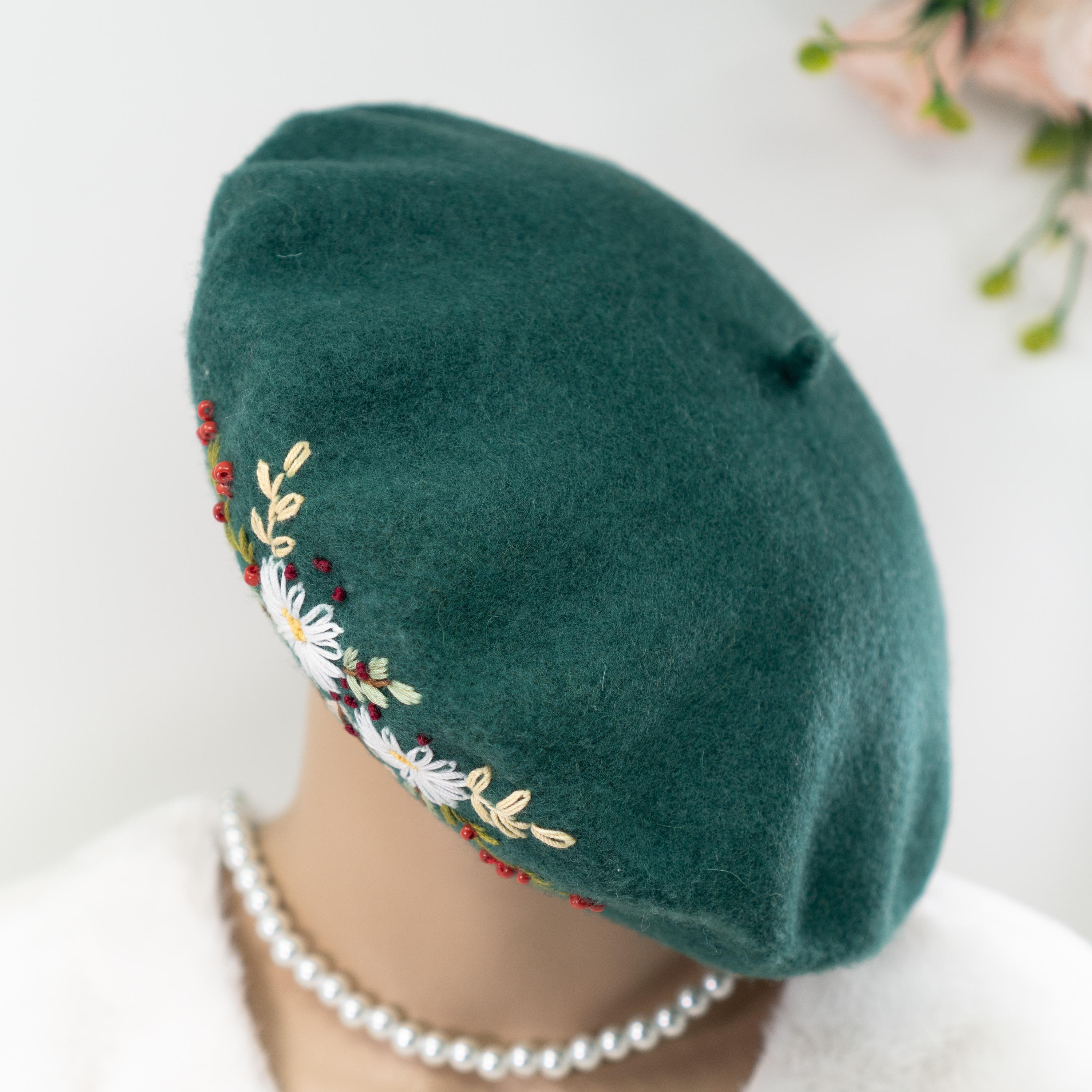 Hand Embroidered French Beret With Floral Design - 100% Wool Premium ...