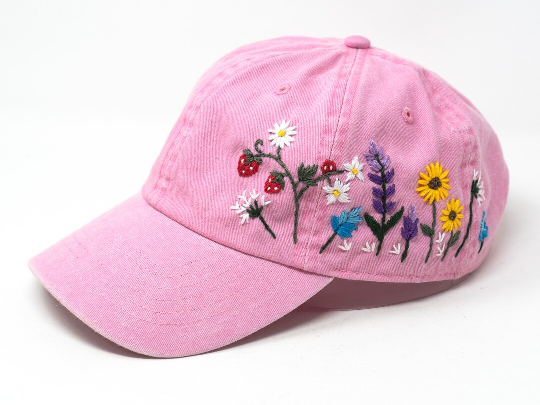 Blooms & Brims: Handcrafted Washed Pink Light Flower Embroidery on ...
