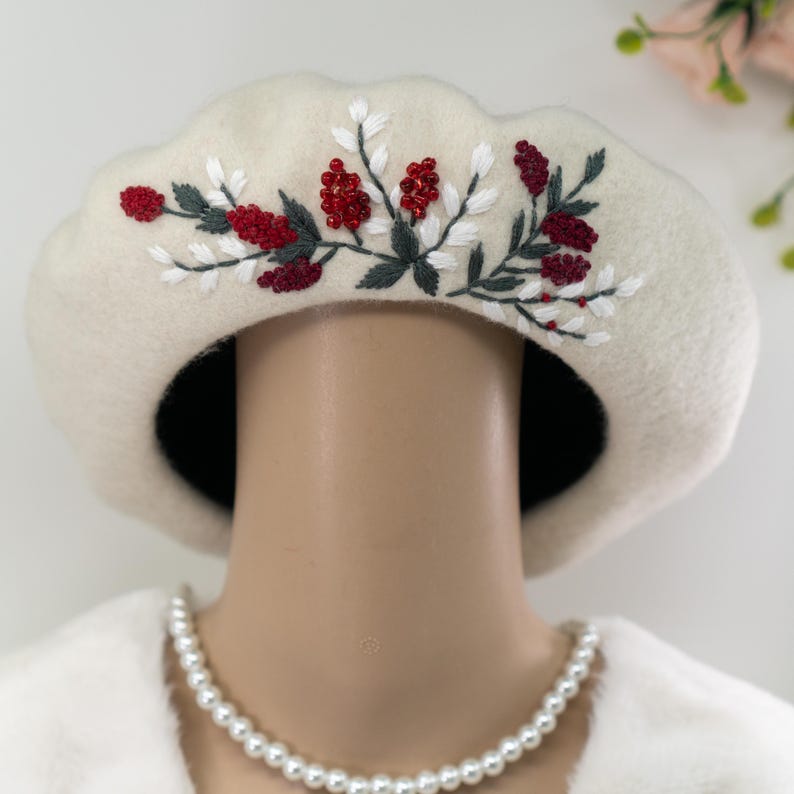 Unique Hand Embroidered Wool Beret - French Hat With Floral Design ...