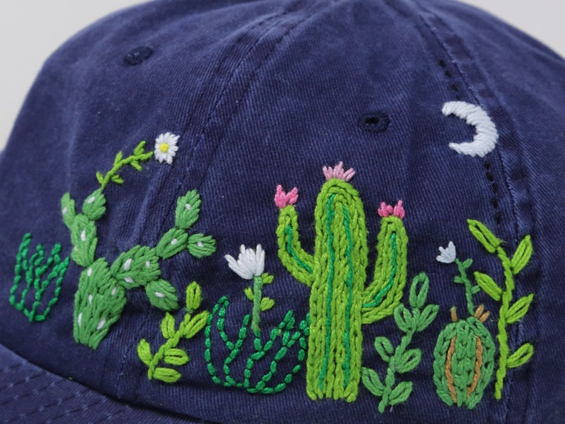 Cactus Embroidered Wash Cotton Baseball Cap, Hand Embroidered Sun Hat ...