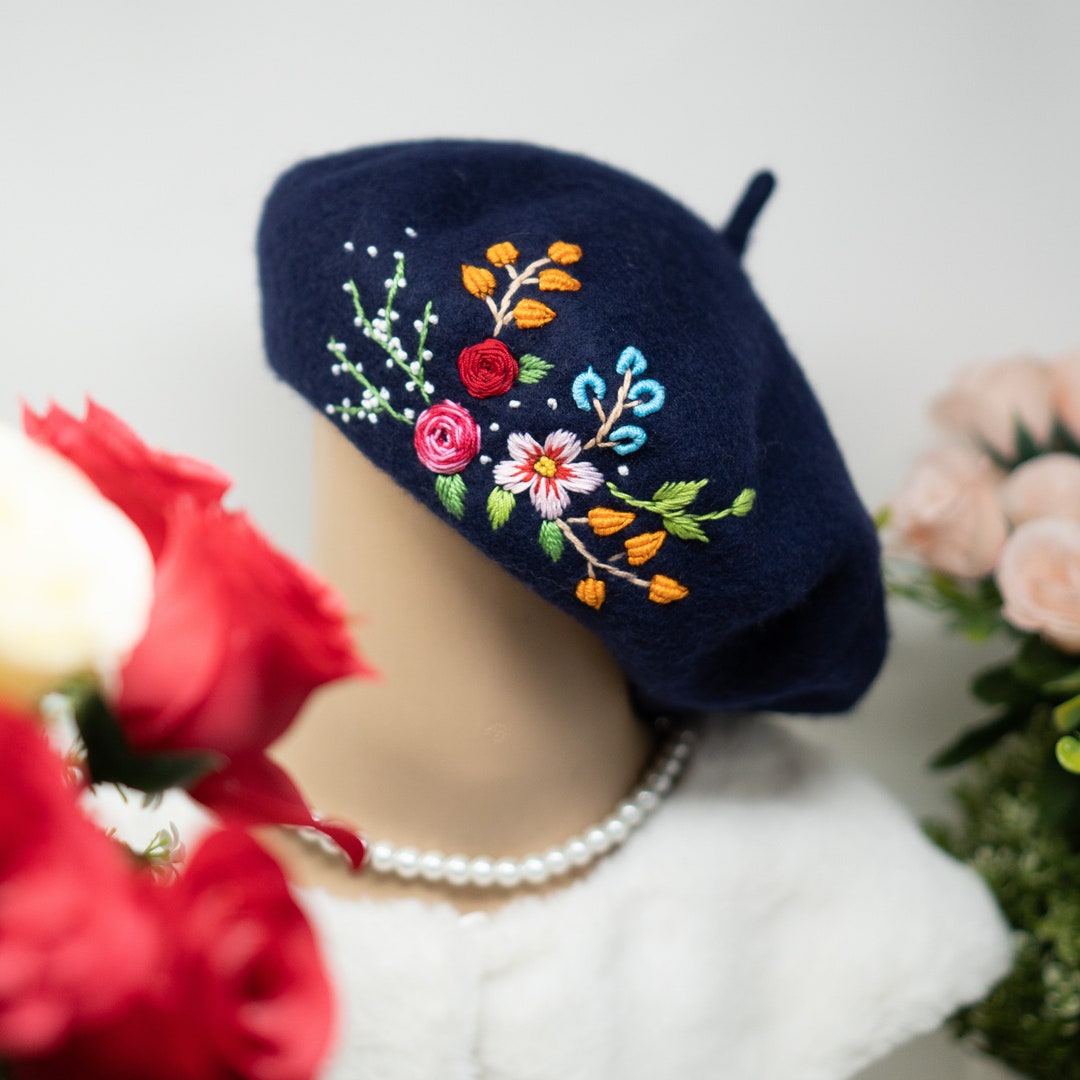 100% Wool Beret Hat, Large Handmade Hand Embroidered Flower Winter ...