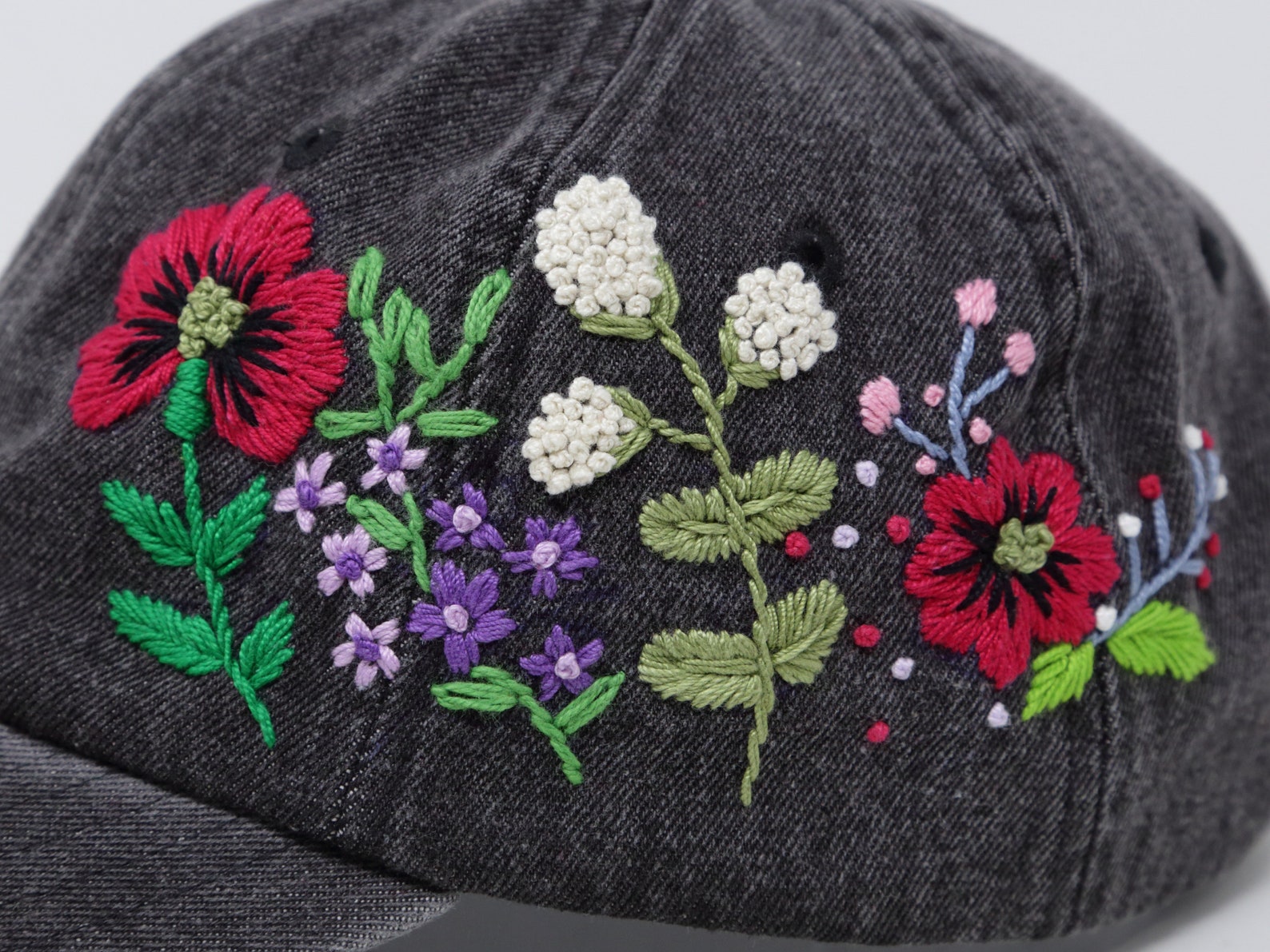 Wash Cotton Baseball Cap Large Hand Embroidered Flower Hat - Etsy