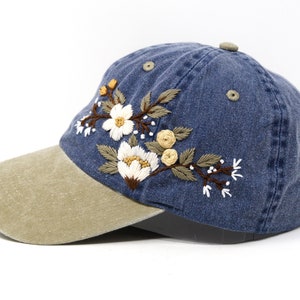 Embroidered Flower Cotton Cap Blue Beige - One-of-a-kind Hat With ...