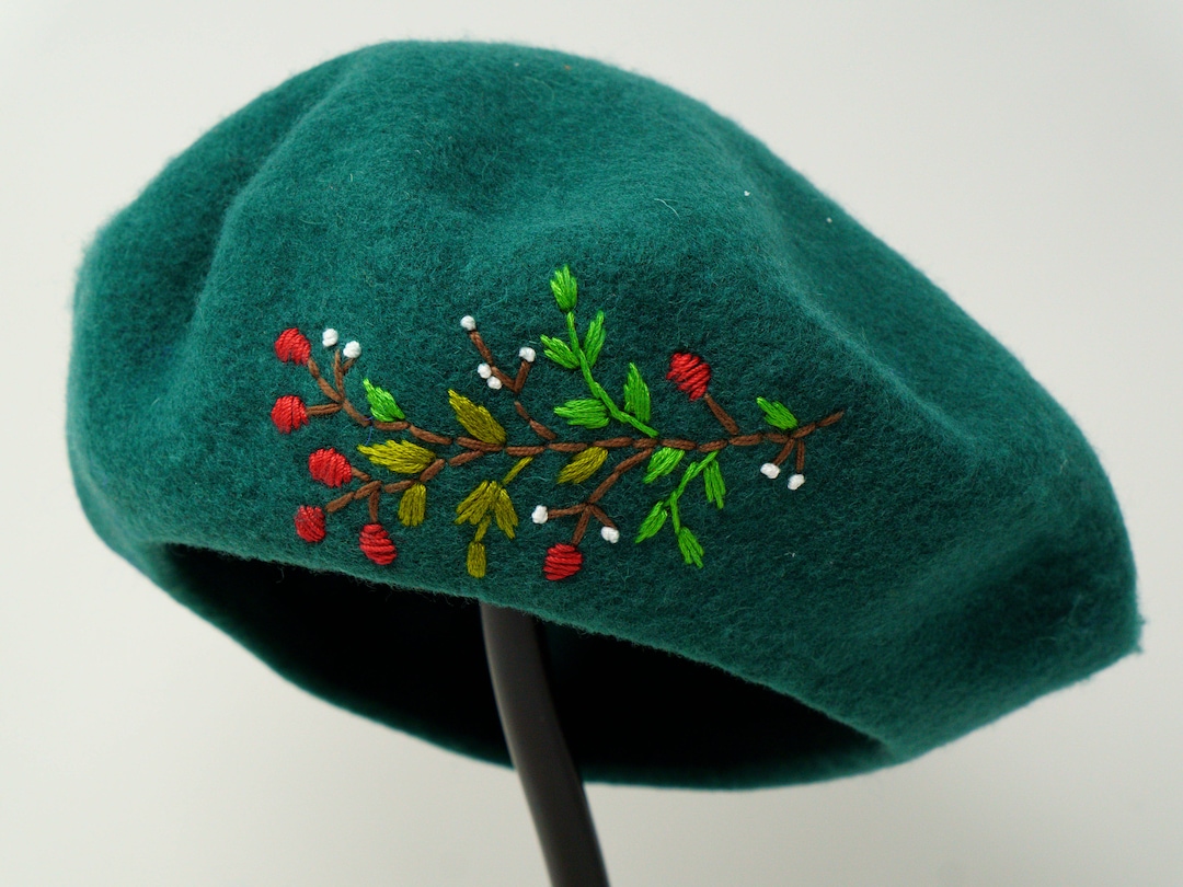 Hand Embroider Wool Beret Cap, Simple Cute Christmas Xmas Theme Floral ...