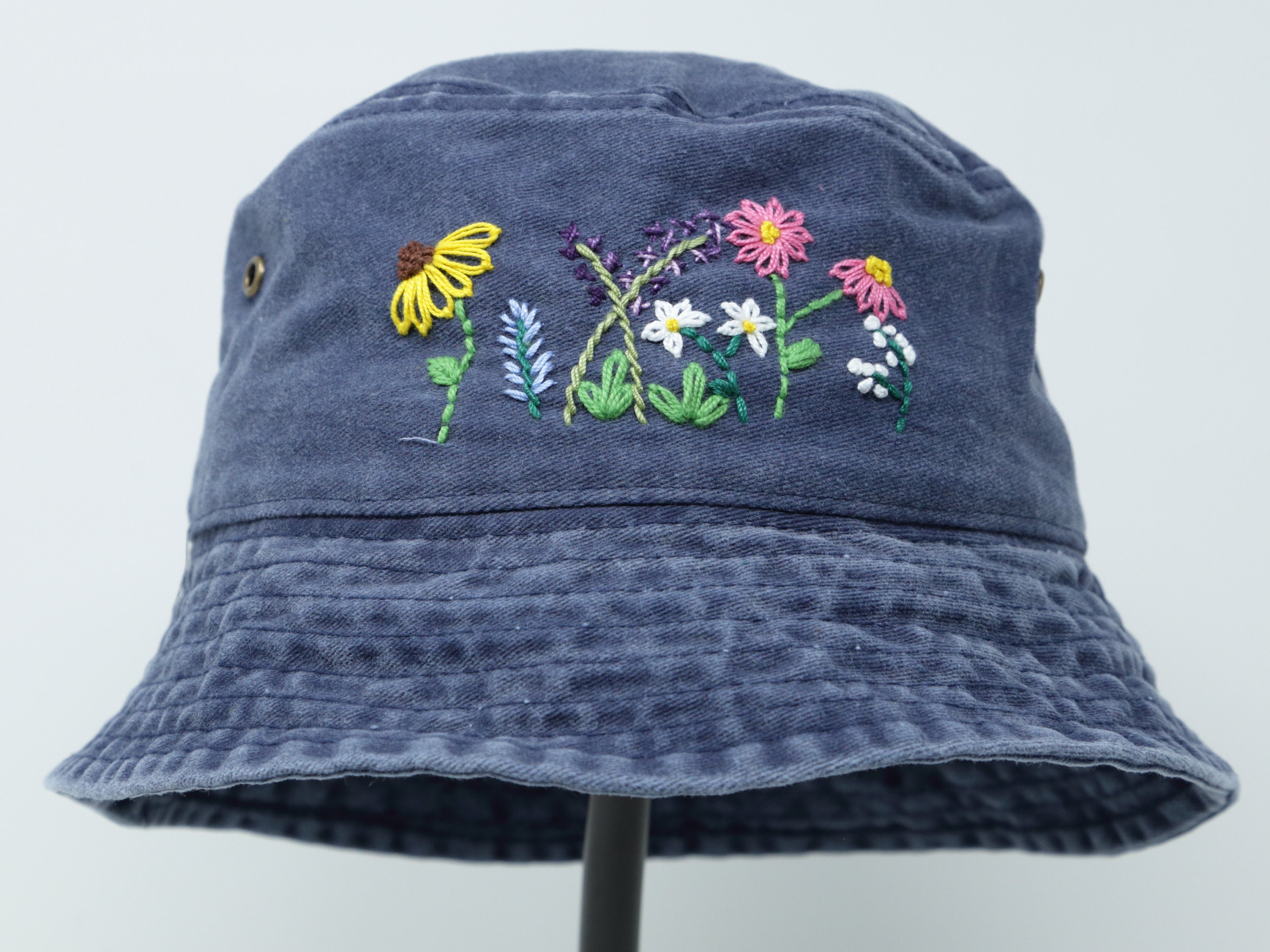 Washed Cotton Bucket Hat Hand Embroidered Flower Cap Short Etsy