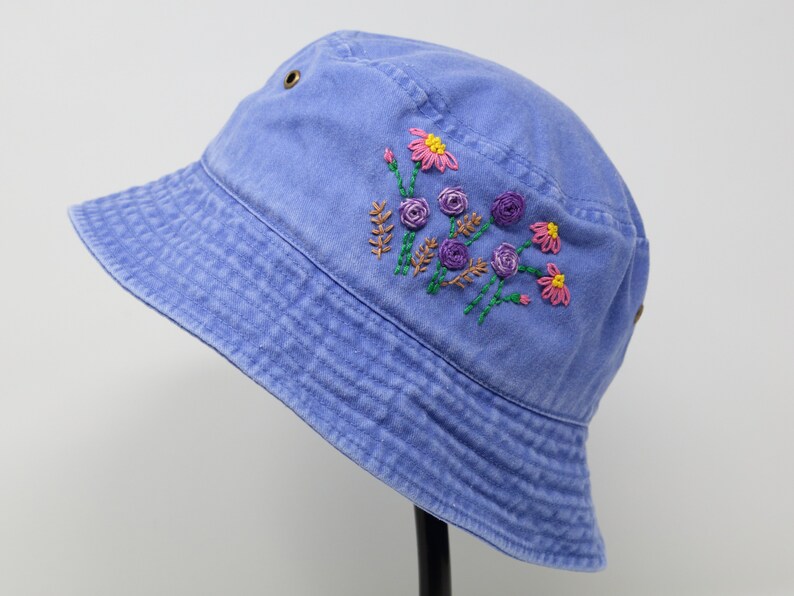Washed Cotton Bucket Hat Hand Embroidered Purple Rose Wild - Etsy