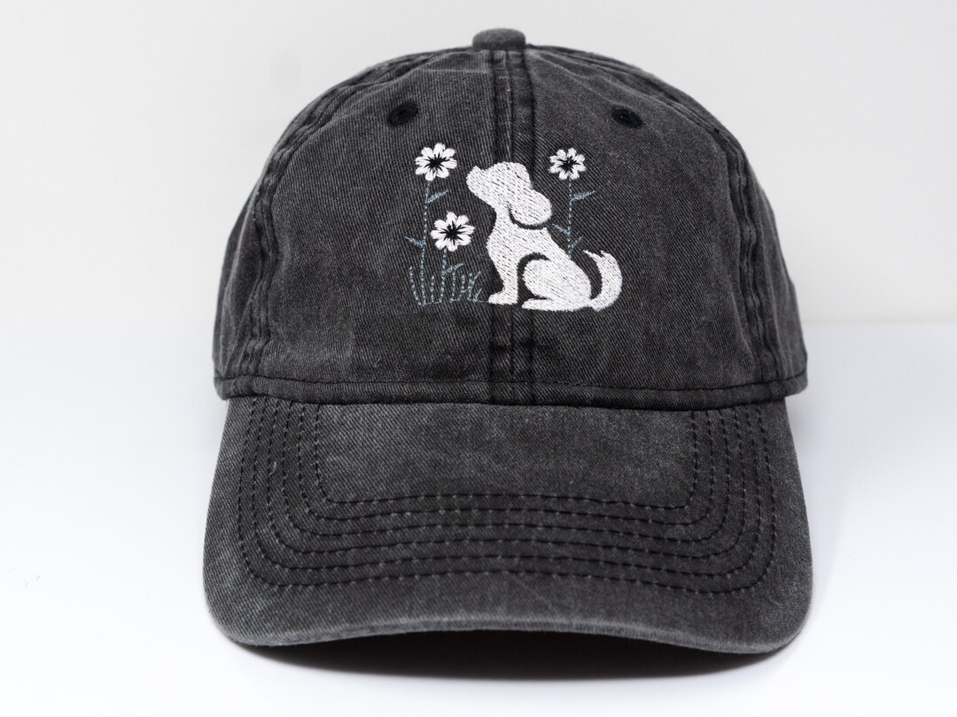 Dog and Flower Embroidered Puppy Baseball Cap, Washed Cotton Curve Brim ...