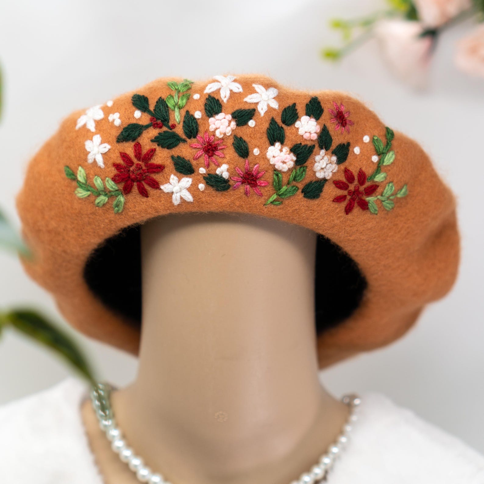 Hand Embroidered Wool French Beret With Floral Accent | Pumpkin Artisan ...