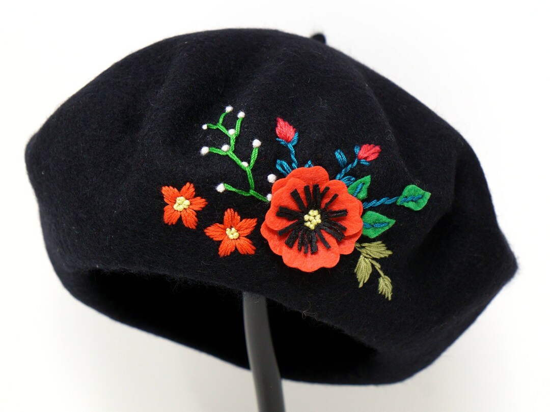 100% Wool Beret Hat, Handmade French Cap Red Poppy Flower Hand ...