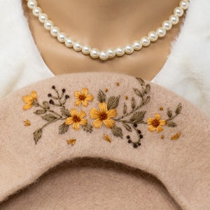 Chic Wool Beige Beret Adorned With Hand-stitched Cute Floral Design ...