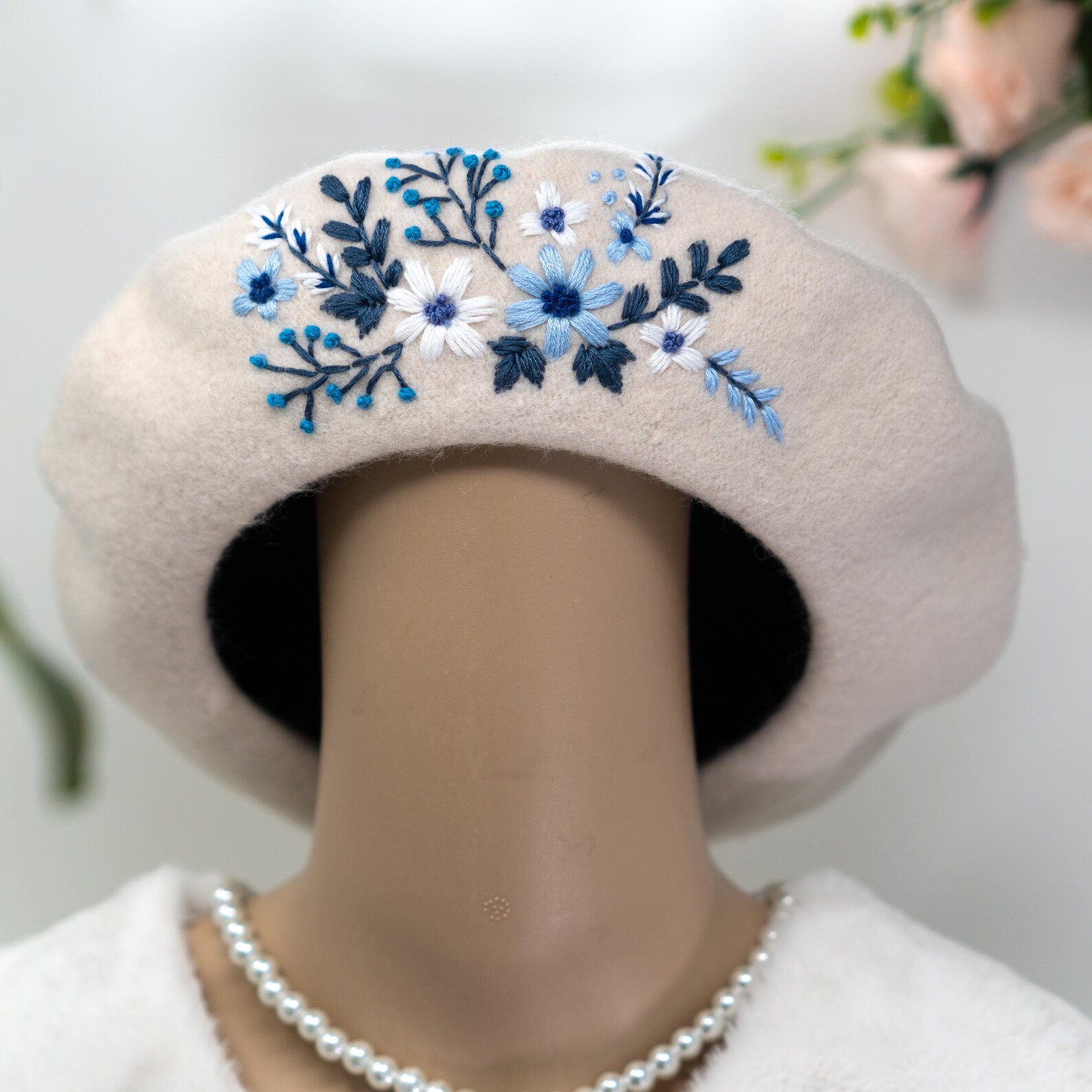 Cream Beige Wool Beret With Hand-embroidered Blue Floral Bouquet ...