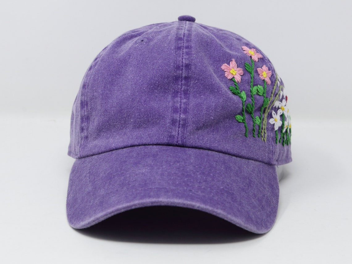 Wash Cotton Purple Baseball Cap Hand Embroidered Flower Hat - Etsy