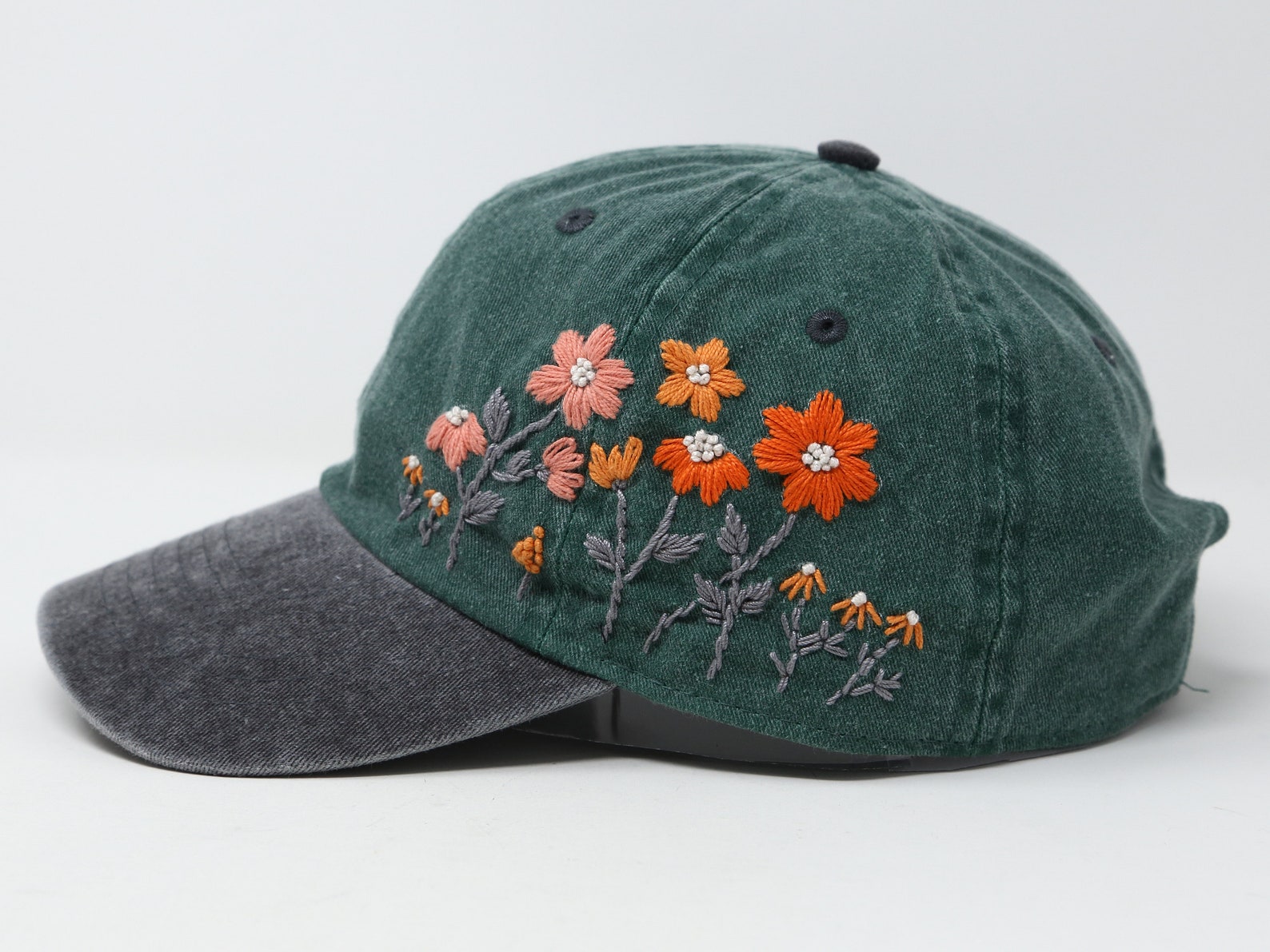 Hand Embroidered Garden Orange Flower 2 Tone Green Black Wash - Etsy