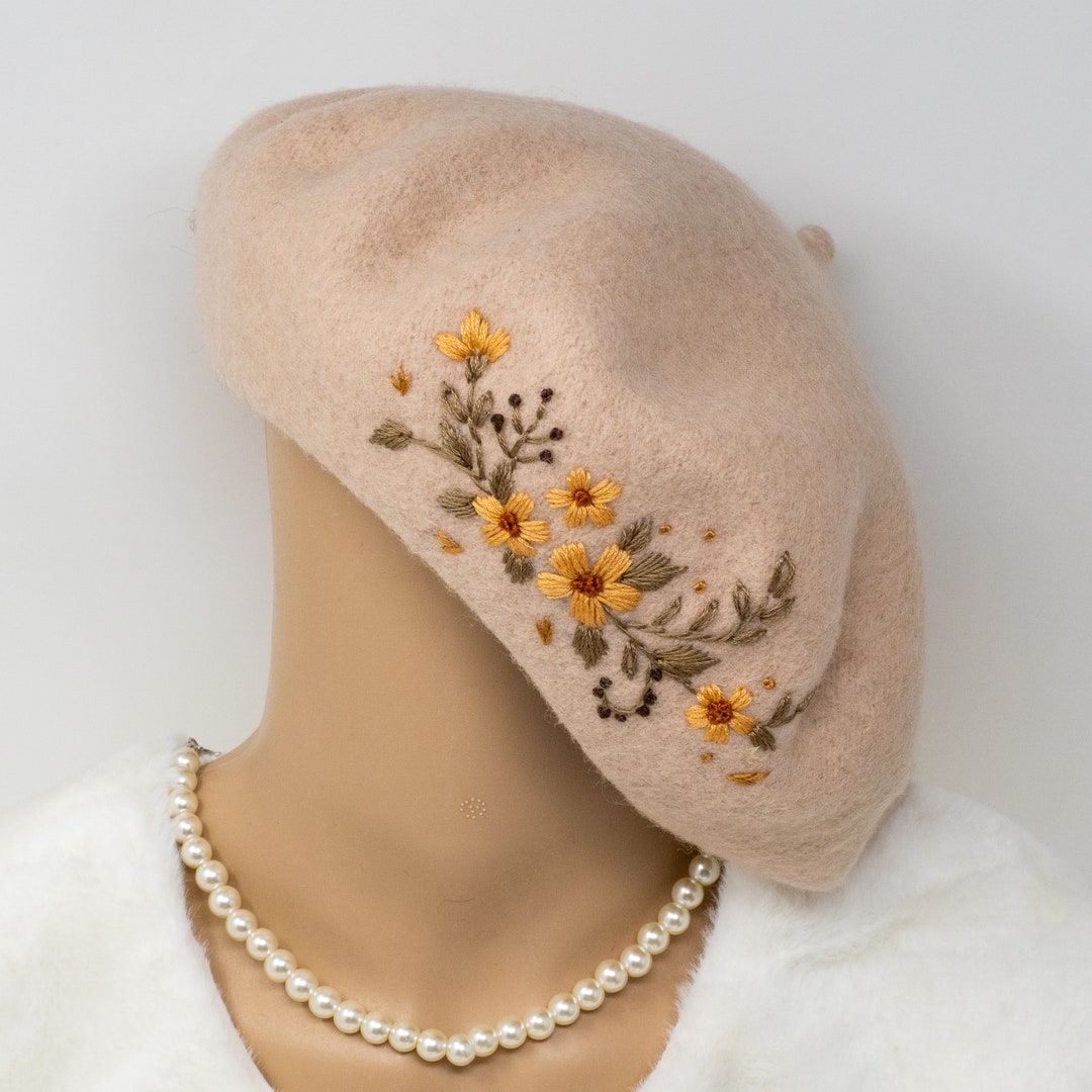 Chic Wool Beige Beret Adorned With Hand-stitched Cute Floral Design ...