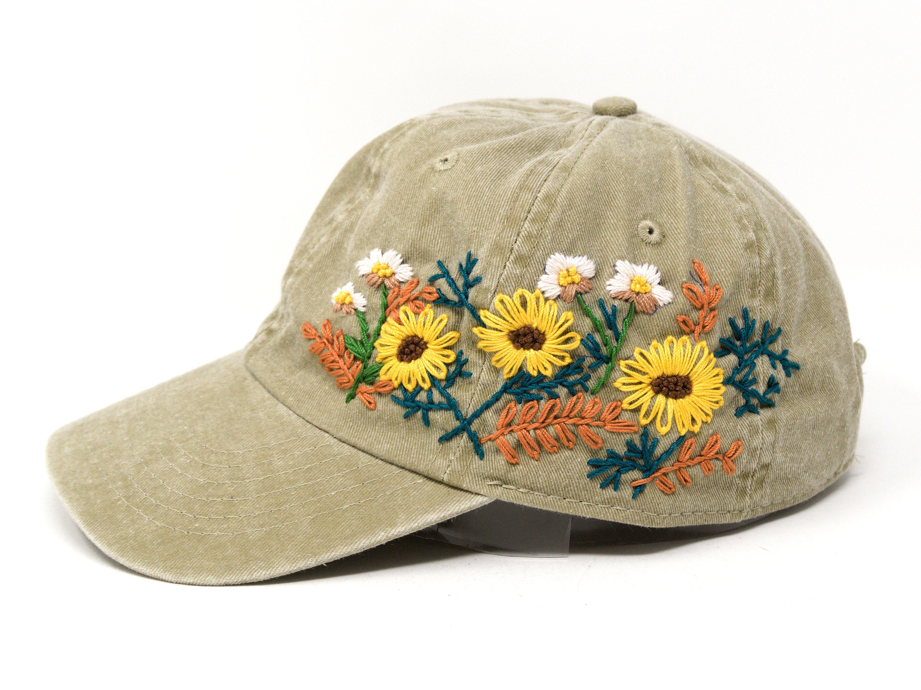 Wash Cotton Baseball Cap, Hand Embroidered Floral Sunflower Hat, Curved ...