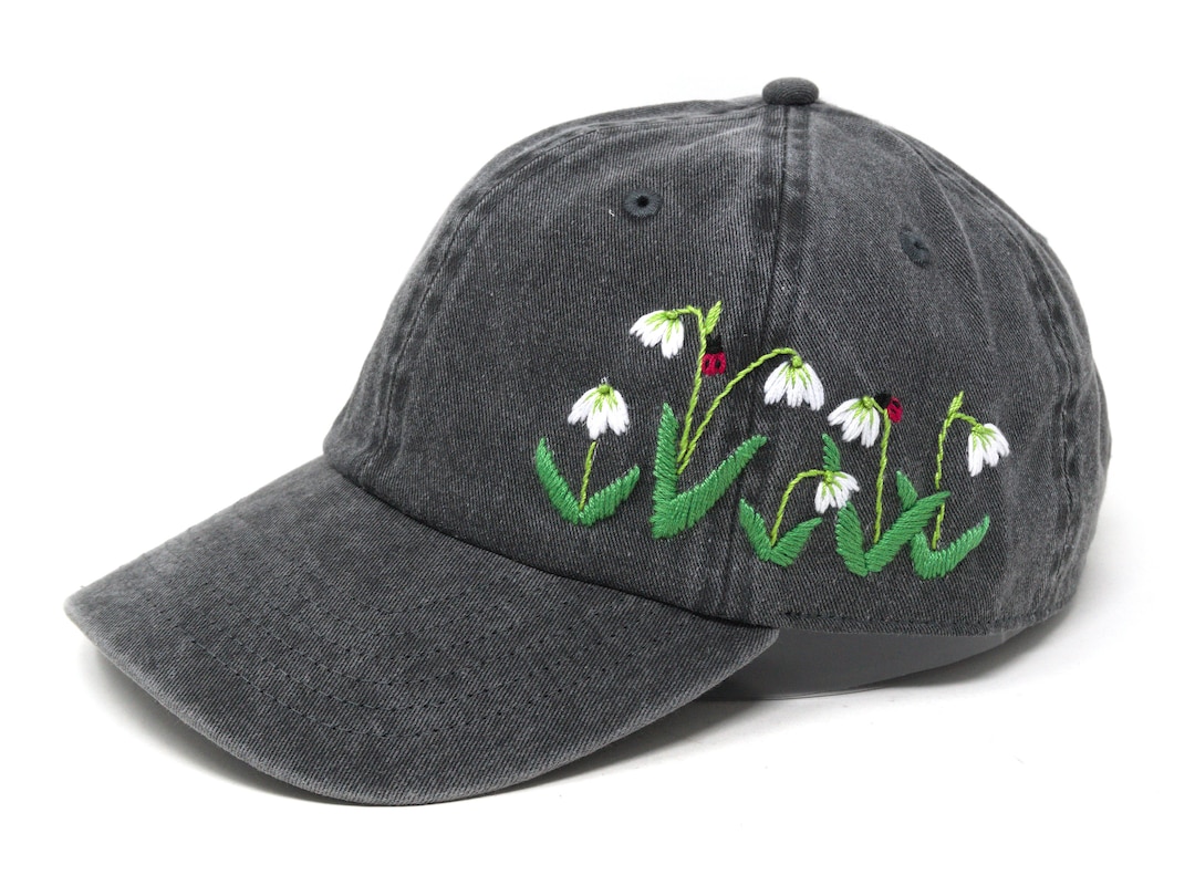 Hand-embroidered Floral Ladybug Cotton Baseball Cap Washed Black ...