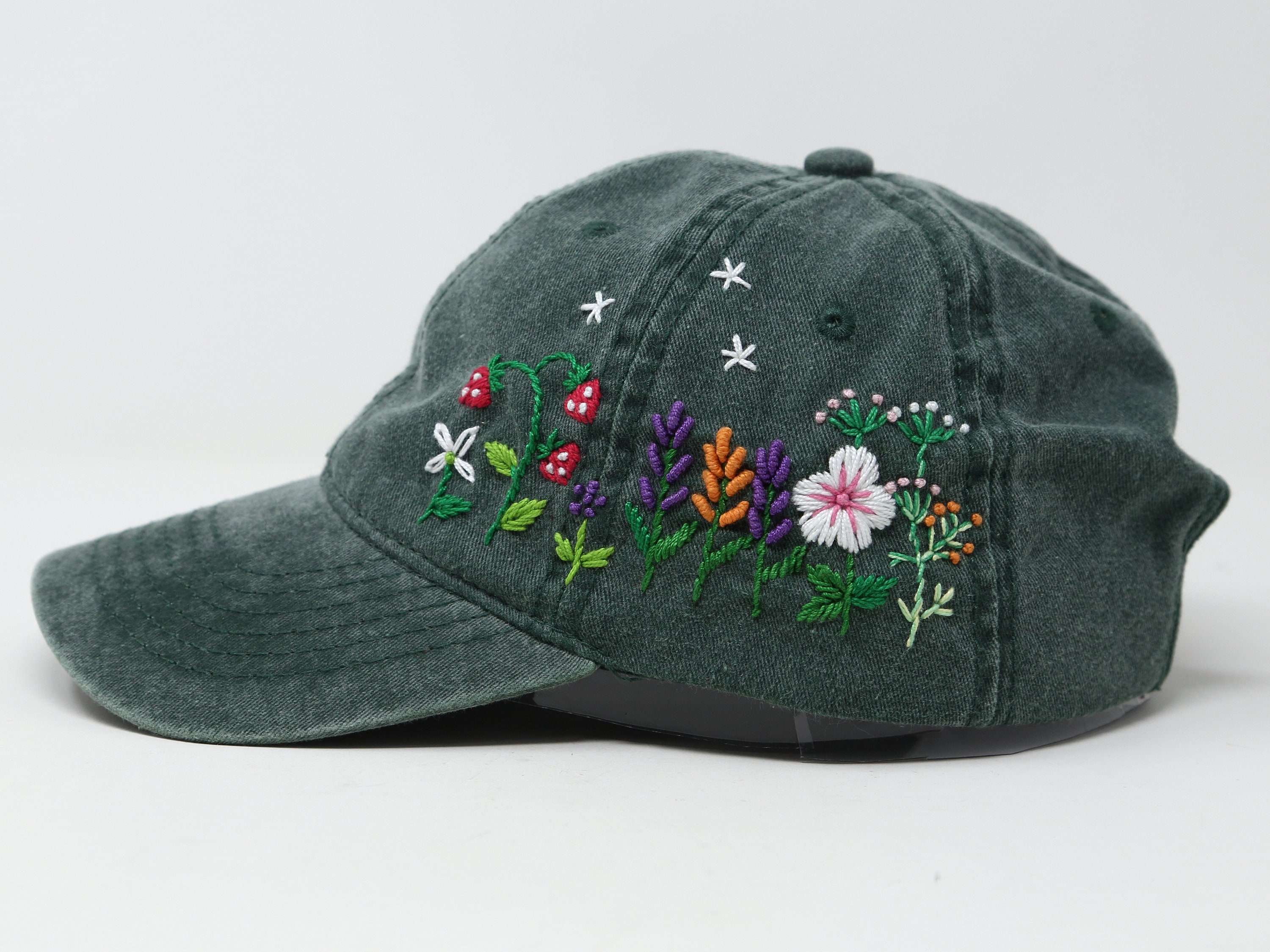 Wash Cotton Baseball Cap, Hand Embroidered Flower Strawberry Hat ...