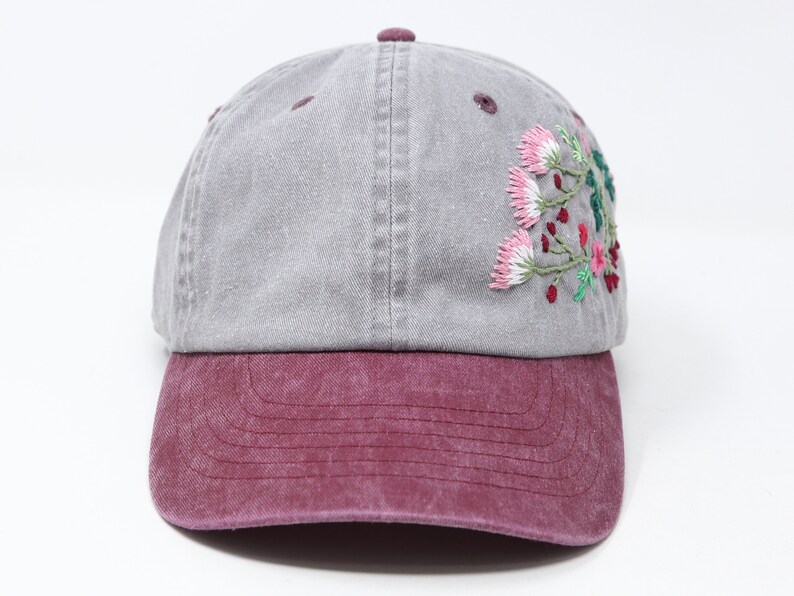 Wash Cotton Baseball Cap Hand Embroidered Pink Floral Flower - Etsy