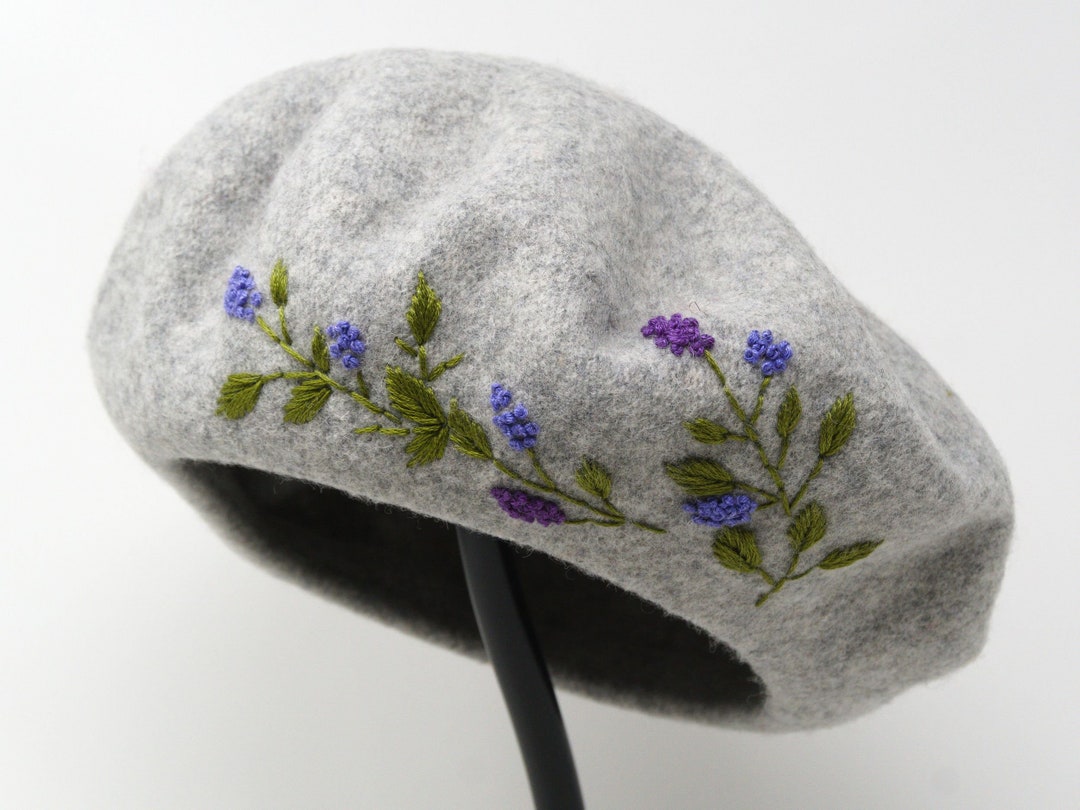 100% Wool Beret Natural Gray, Hand Embroidered Floral Flower Lavender ...