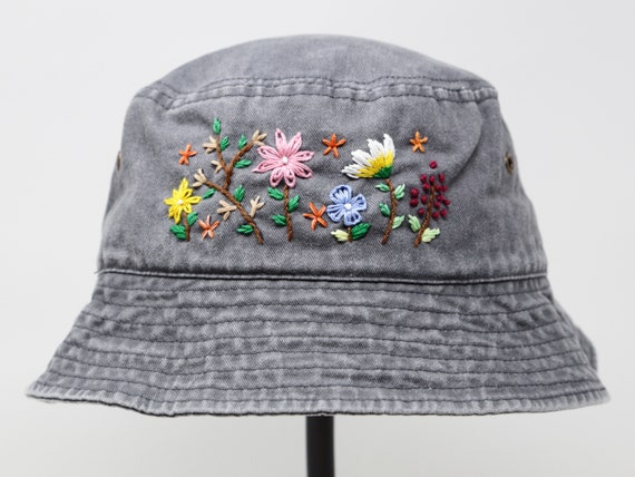 Washed Cotton Floral Bucket Hat Hand Embroidered Star Rose - Etsy