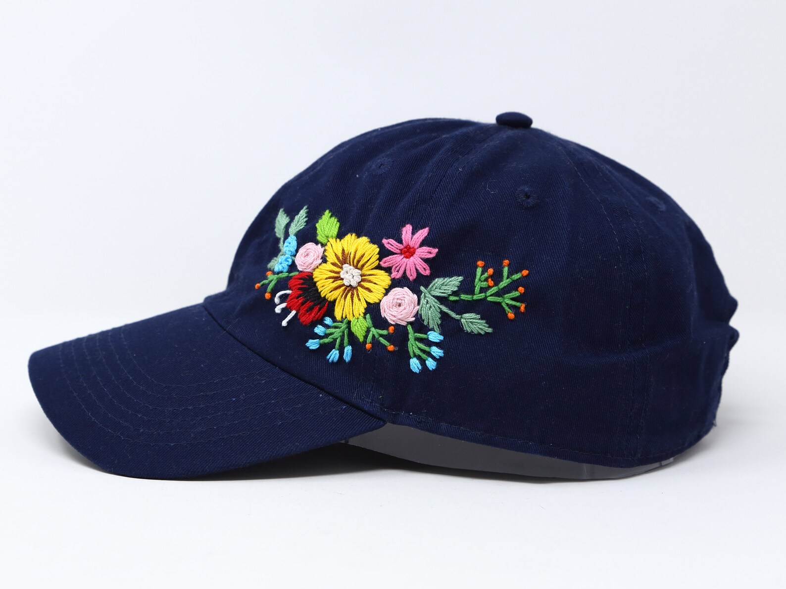 Hand Embroidered Wild Mix Flower Garden Cotton Baseball Hat, Curved ...