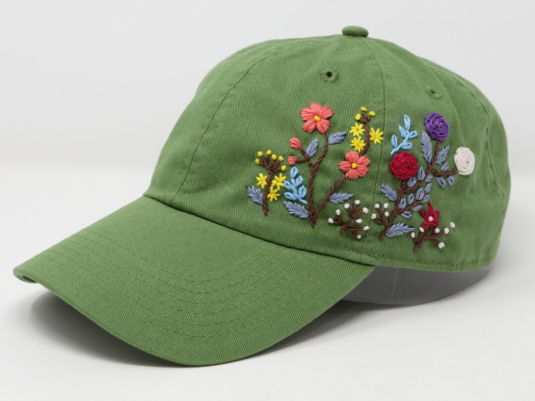 Hand Embroidered Flower Garden Cotton Baseball Cap, Hand Embroidered ...