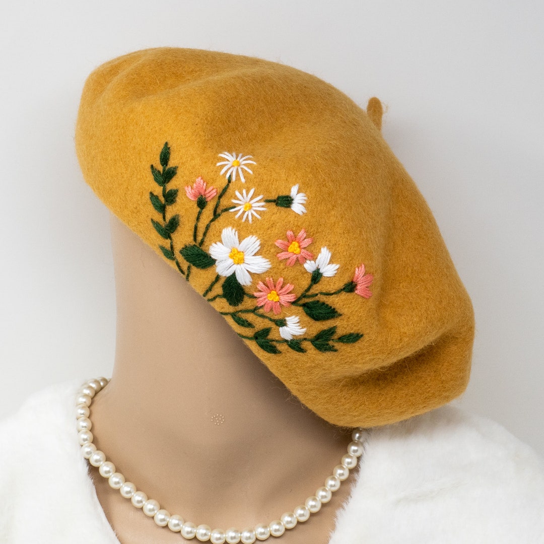 Hand-embroidered 100% Mustard Wool Beret With Floral Design - Women's ...