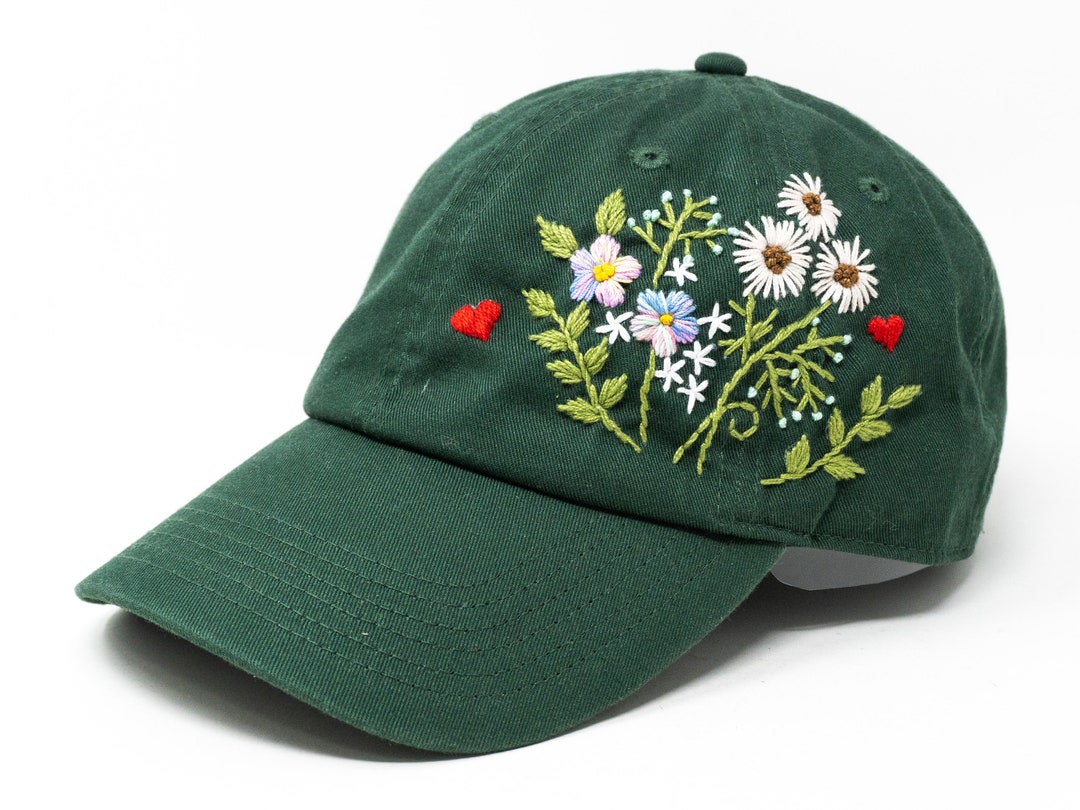 Petals & Brims: Artisan Hand-embroidered Daisy Floral in Green Baseball ...