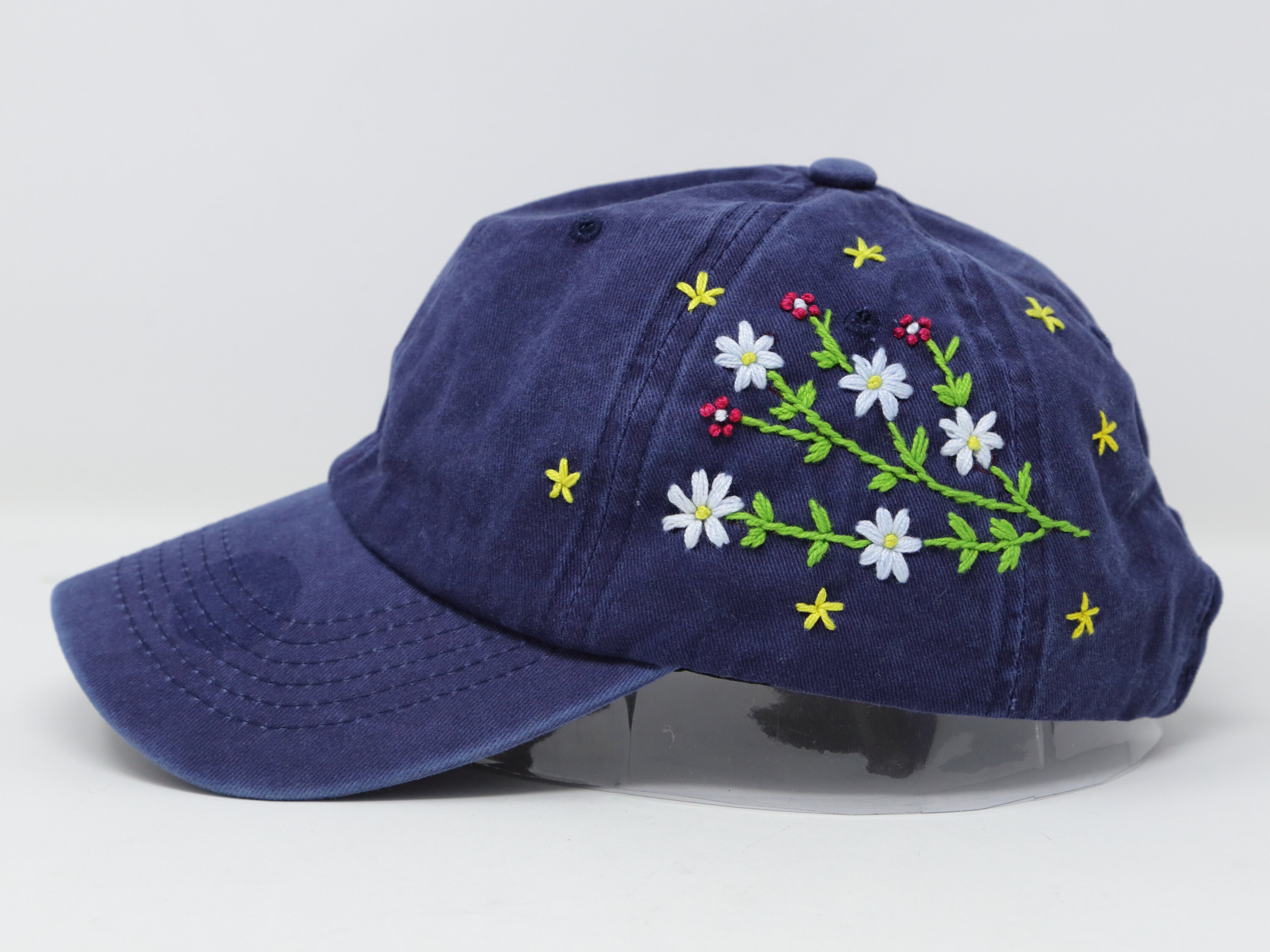100% Hand Embroidered Daisy Flower Baseball Cap Washed Cotton | Etsy