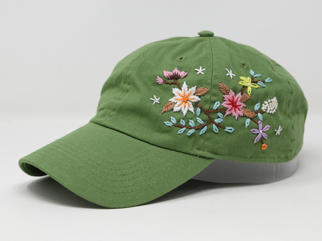 100% Cotton Baseball Cap, Hand Embroidered Star Flower Hat, Curved Brim ...