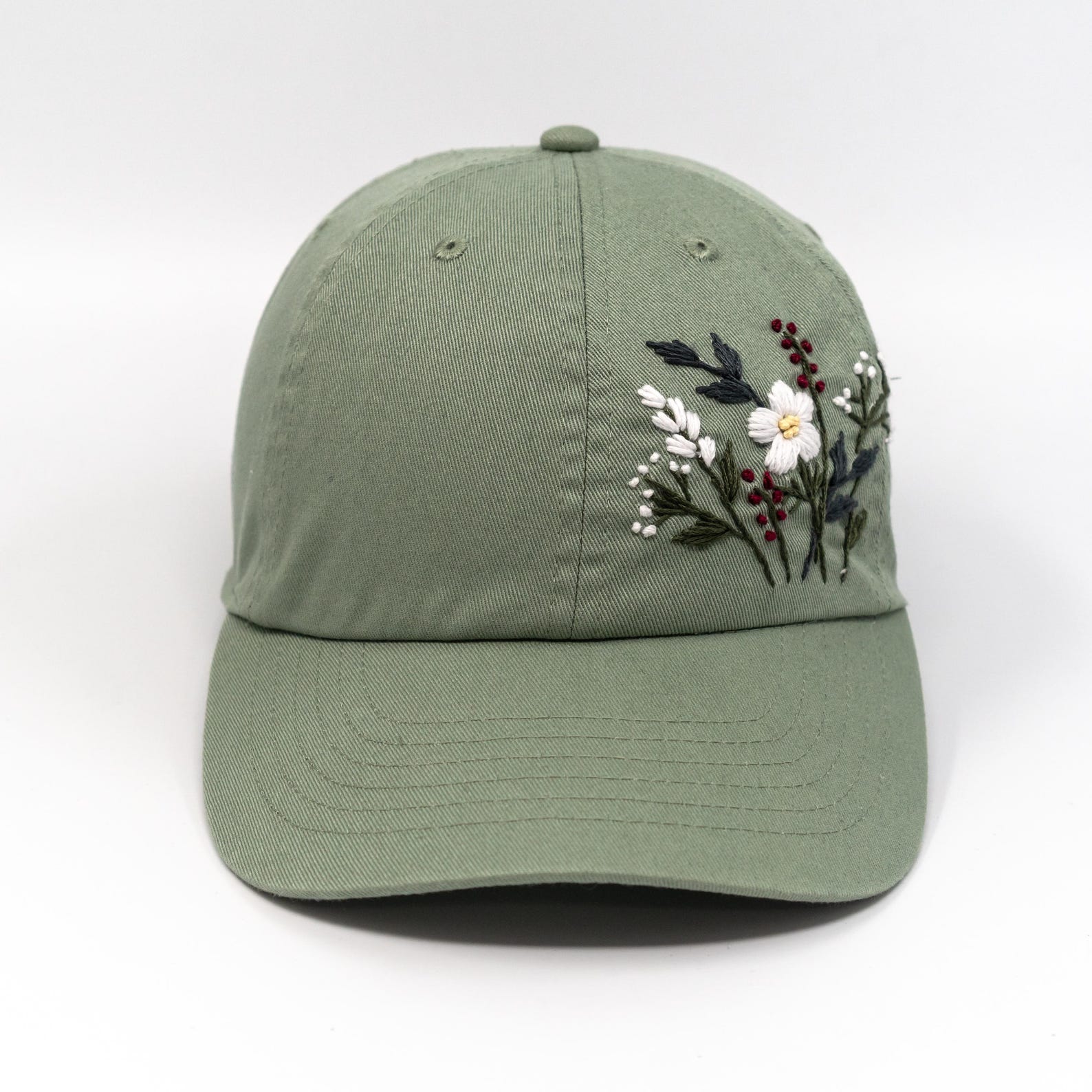 Sage Green Floral Baseball Cap – Hand-embroidered Hat With White and ...