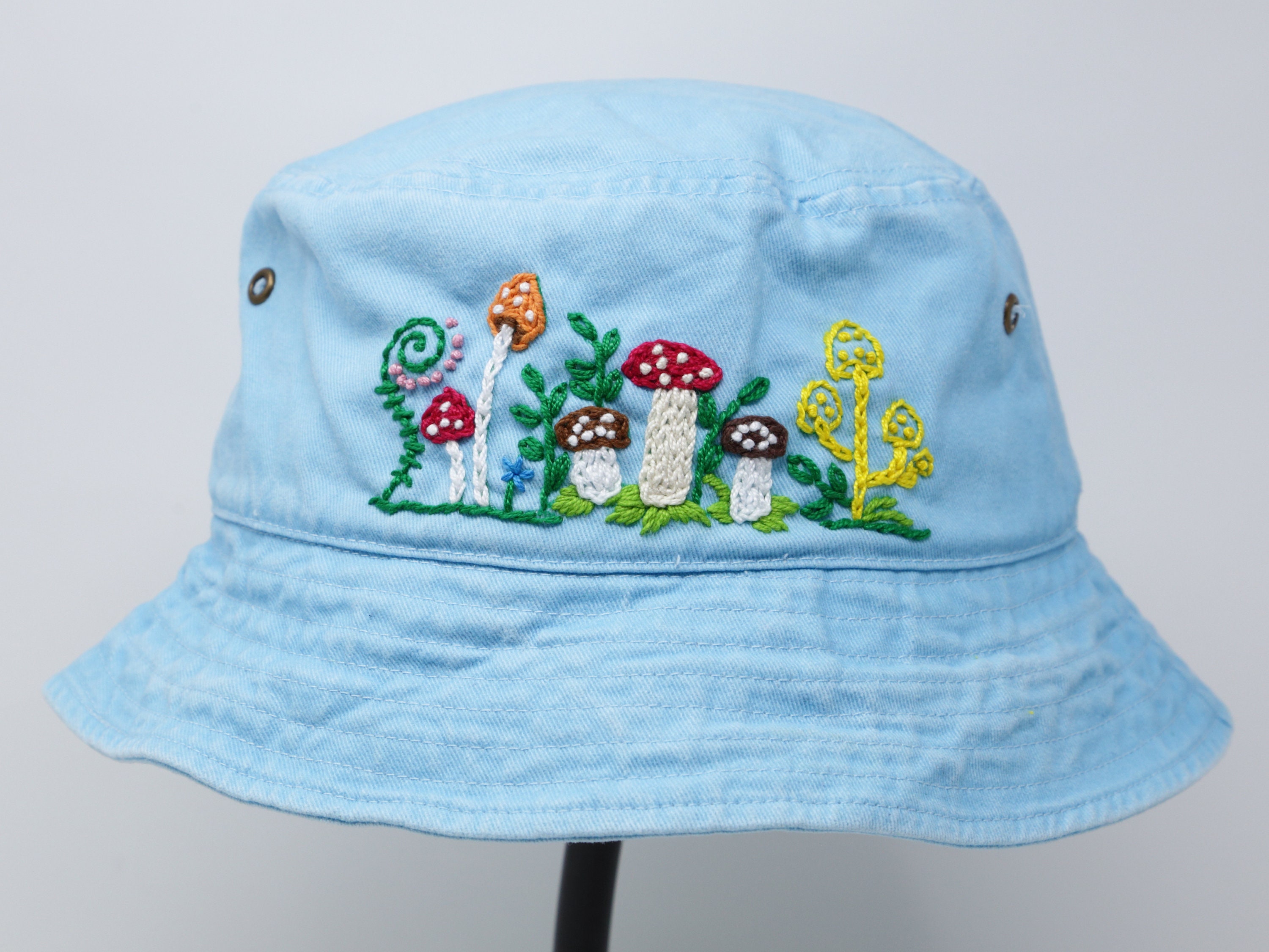 Washed Cotton Bucket Hat Hand Embroidered Mushroom Cap Short Etsy Uk