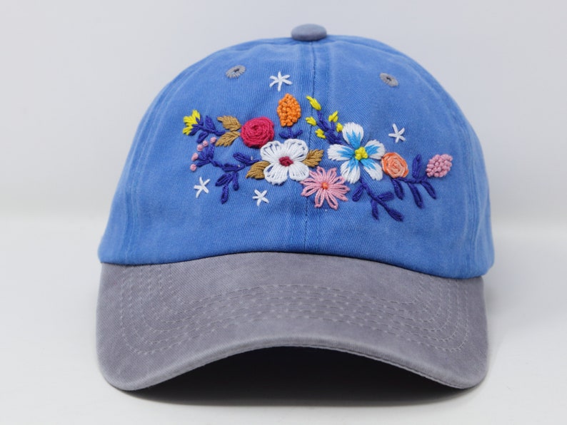 Hand Embroidered Flower Hat Wash Cotton Baseball Cap 2 Tone | Etsy