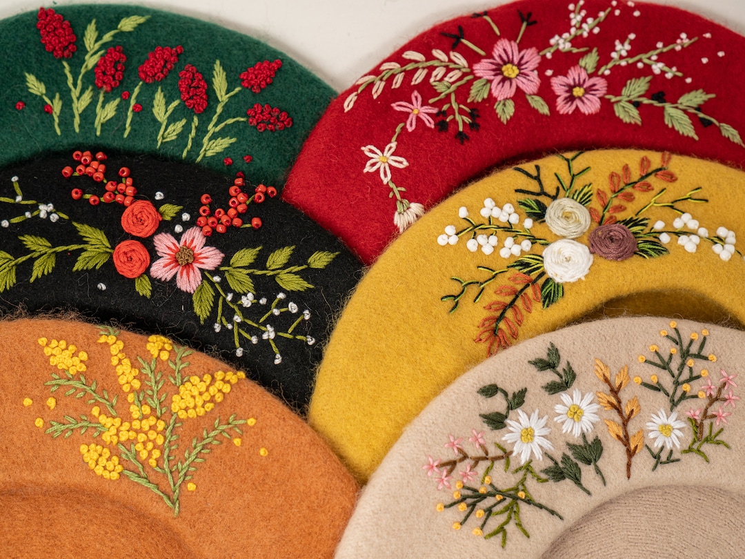 Hand Embroidered Handmade 100% Wool Beret Classic French Winter Hat ...