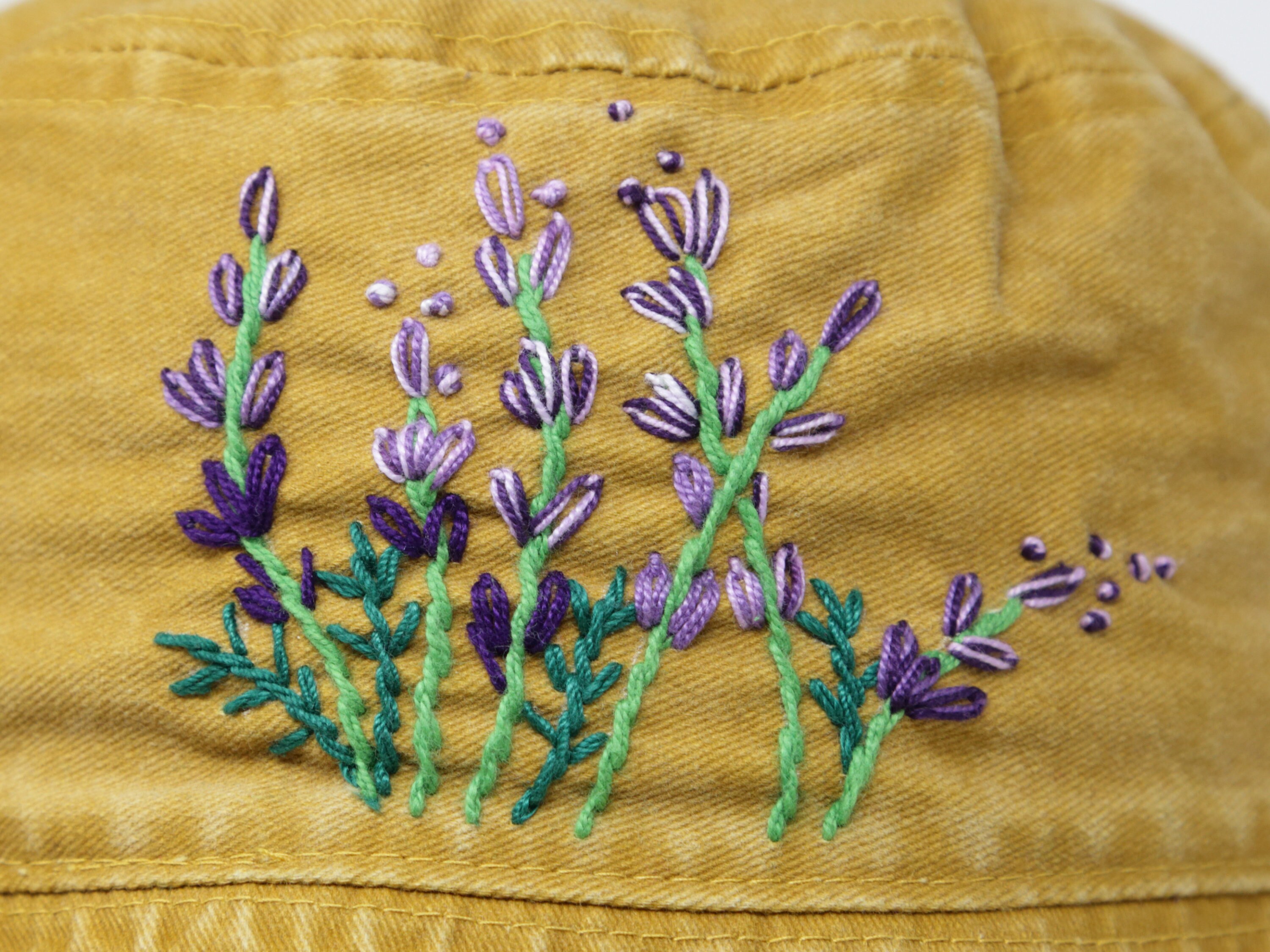 Washed Cotton Bucket Hat, Hand Embroidered Lavender Purple Wild Flower ...