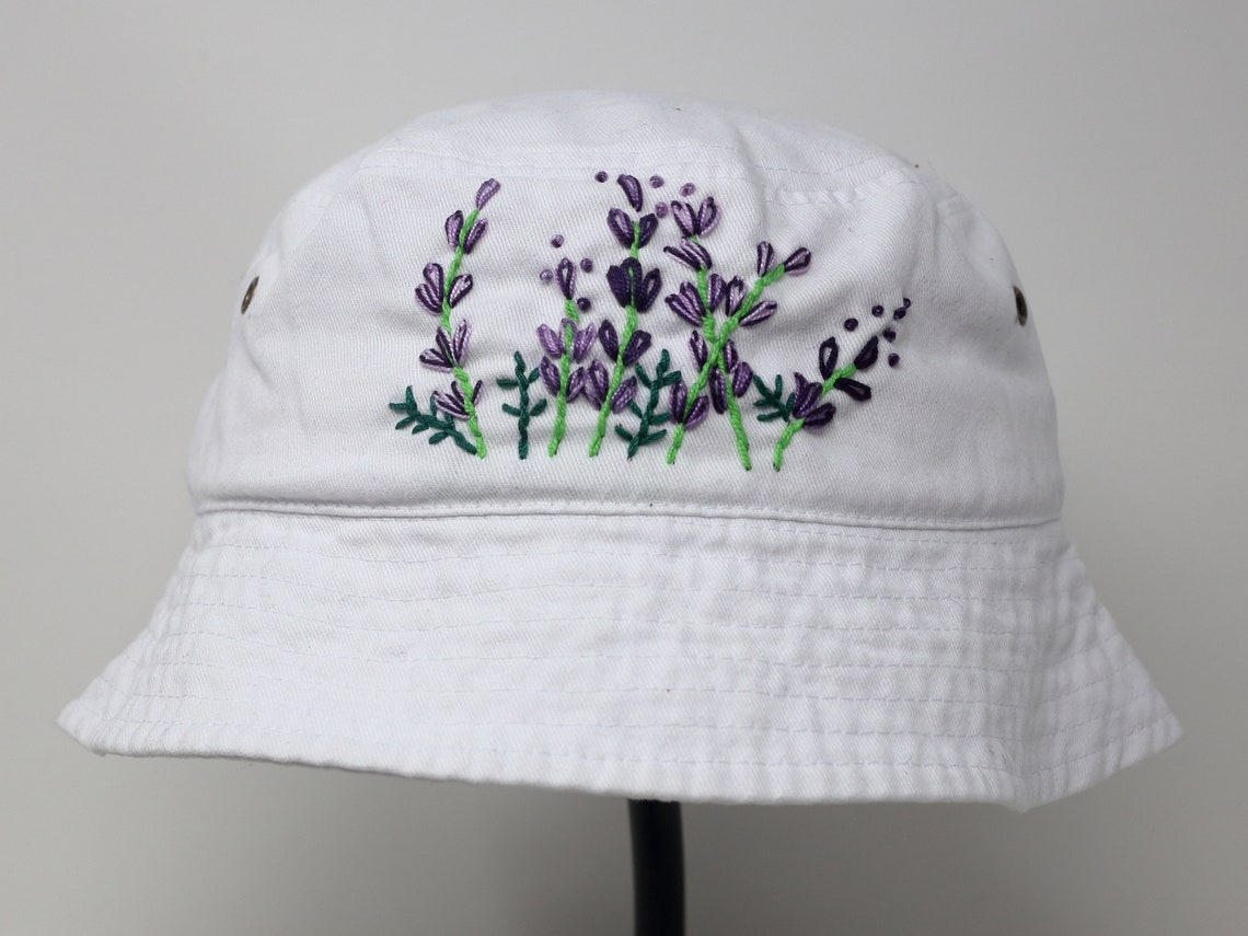 Washed Cotton Bucket Hat, Hand Embroidered Lavender Purple Wild Flower ...