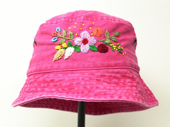 Washed Cotton Floral Bucket Hat Hand Embroidered Star Rose - Etsy
