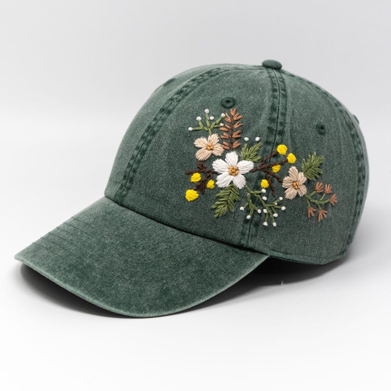 Boho Floral Embroidered Green Baseball Cap – Cute Wildflower Design ...