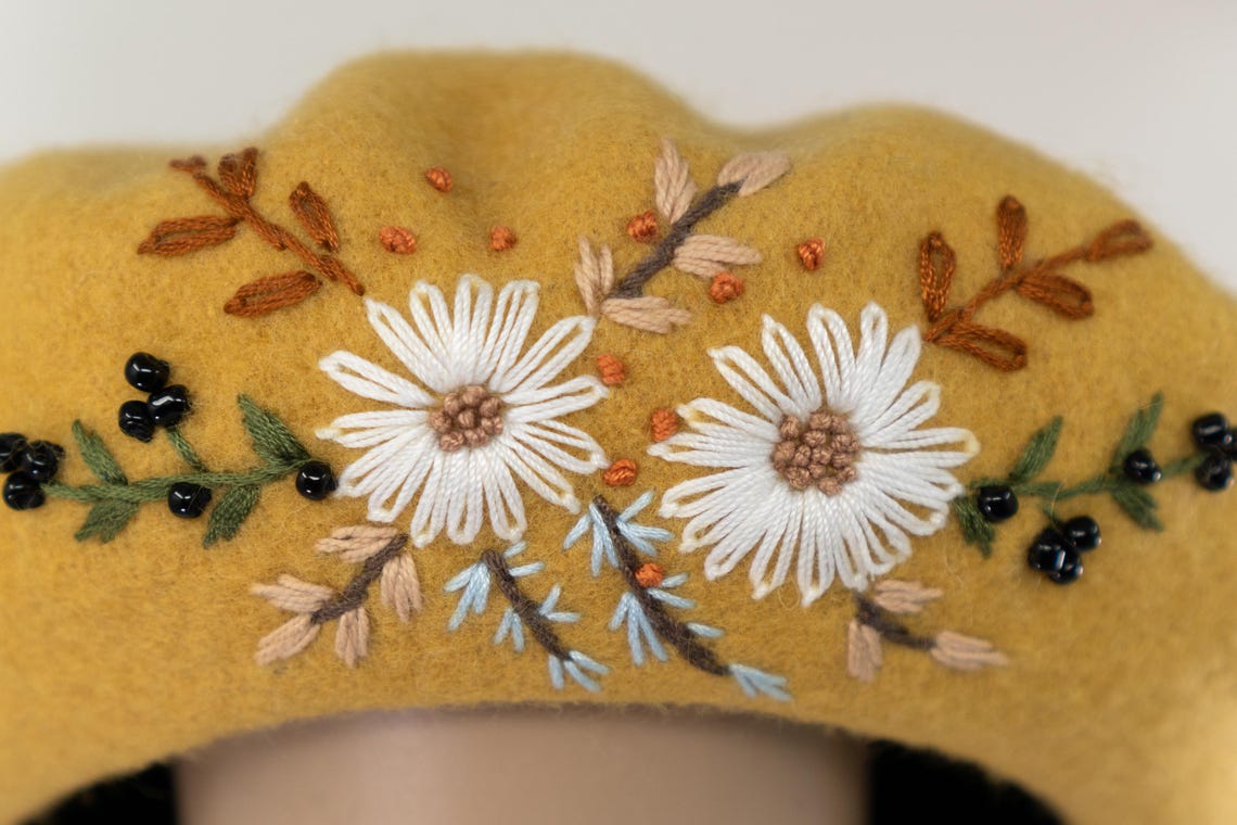 Hand Embroidered French Beret With Floral Design - 100% Wool Premium ...