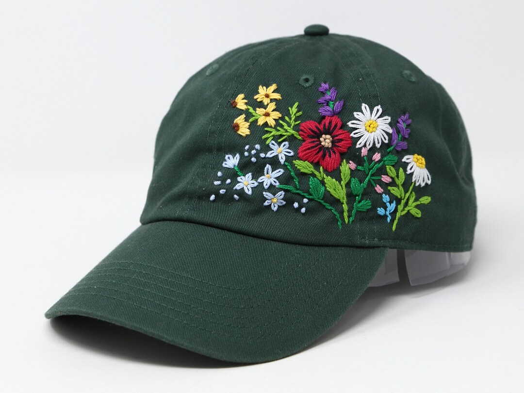 Hand Embroidered Mix Floral Garden Wild Flower Cotton Baseball Hat ...