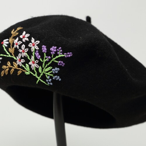 French Wool Beret Hat Cute Hand Embroidered Blue Flower - Etsy