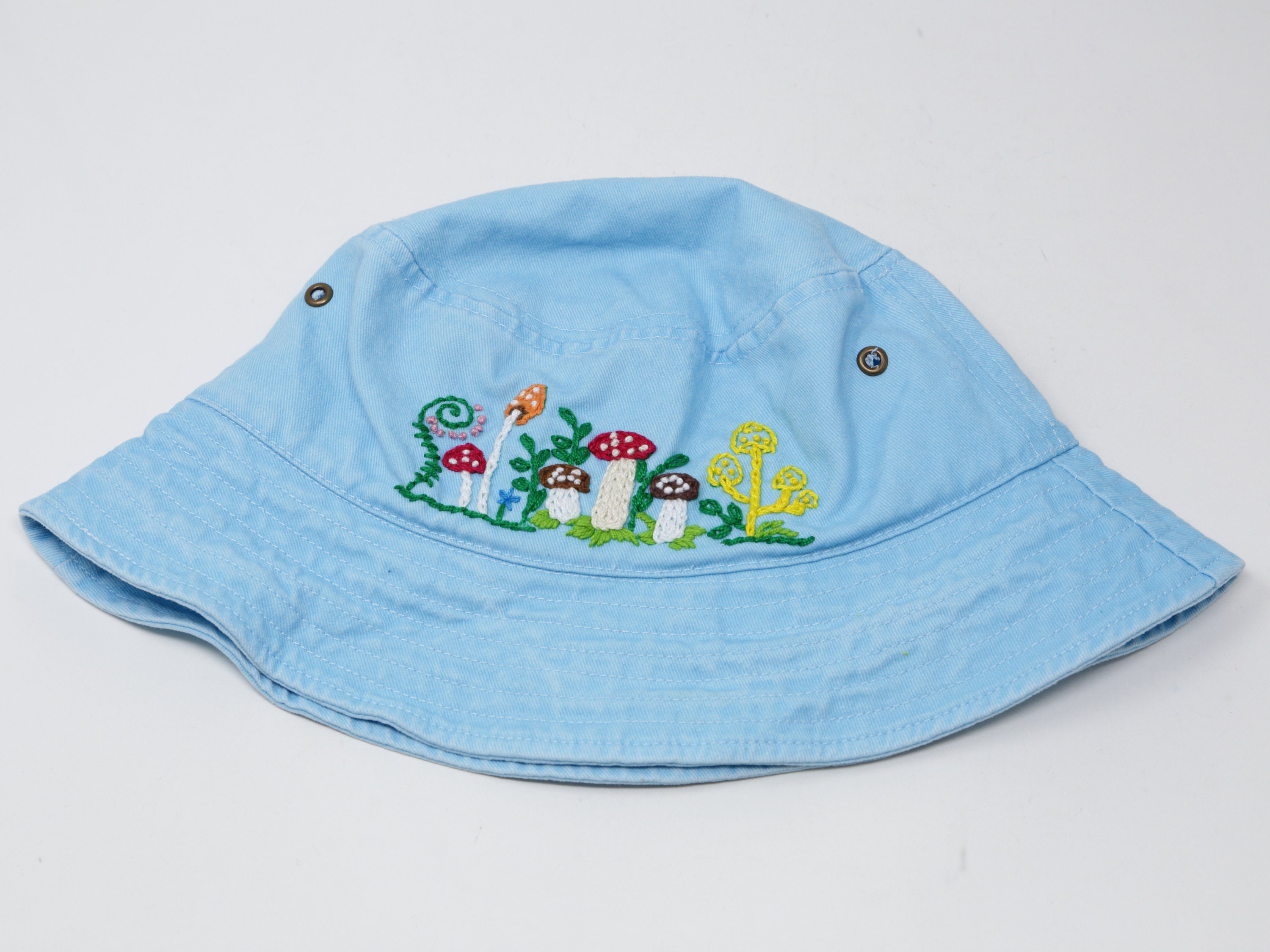 Washed Cotton Bucket Hat Hand Embroidered Mushroom Cap Short Etsy Uk