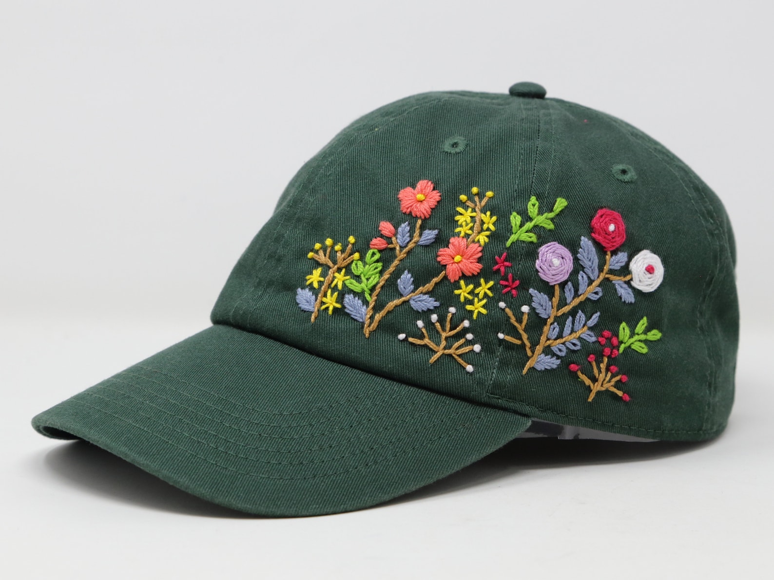 Hand Embroidered Flower Garden Cotton Baseball Cap, Hand Embroidered ...