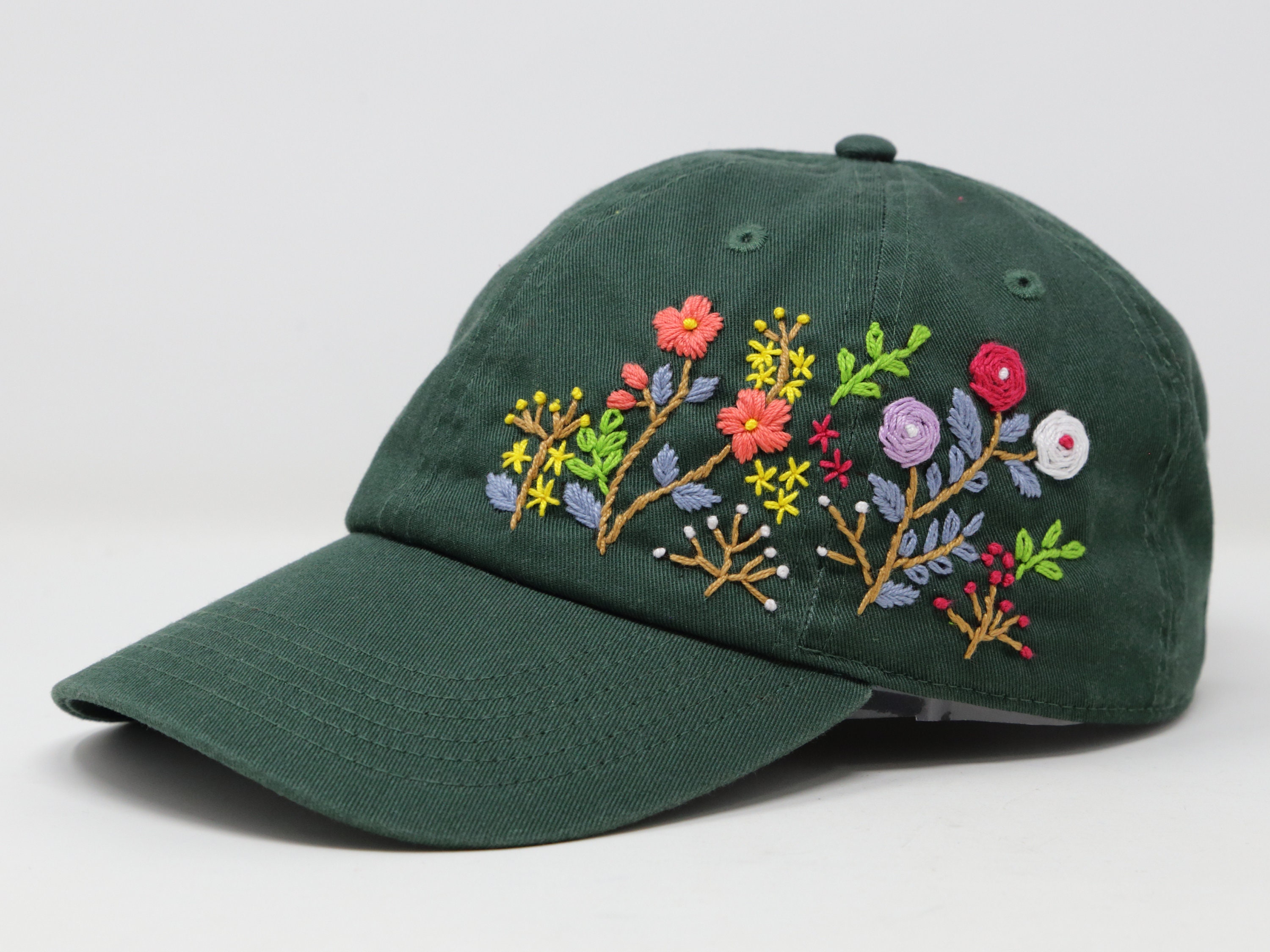 Hand Embroidered Flower Garden Cotton Baseball Cap, Hand Embroidered ...