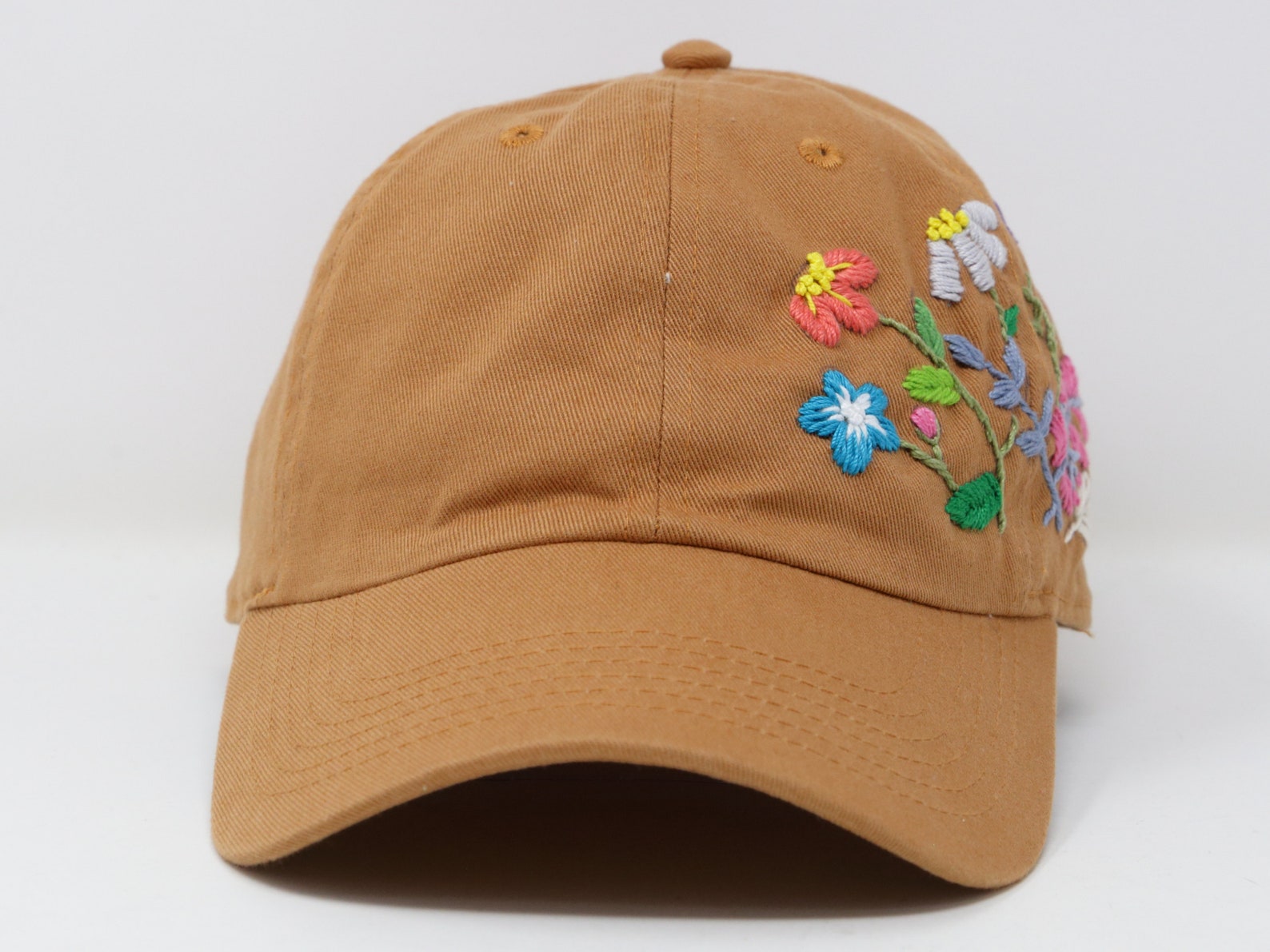Wash Cotton Baseball Cap, Hand Embroidered Flower Hat, Curved Brim ...