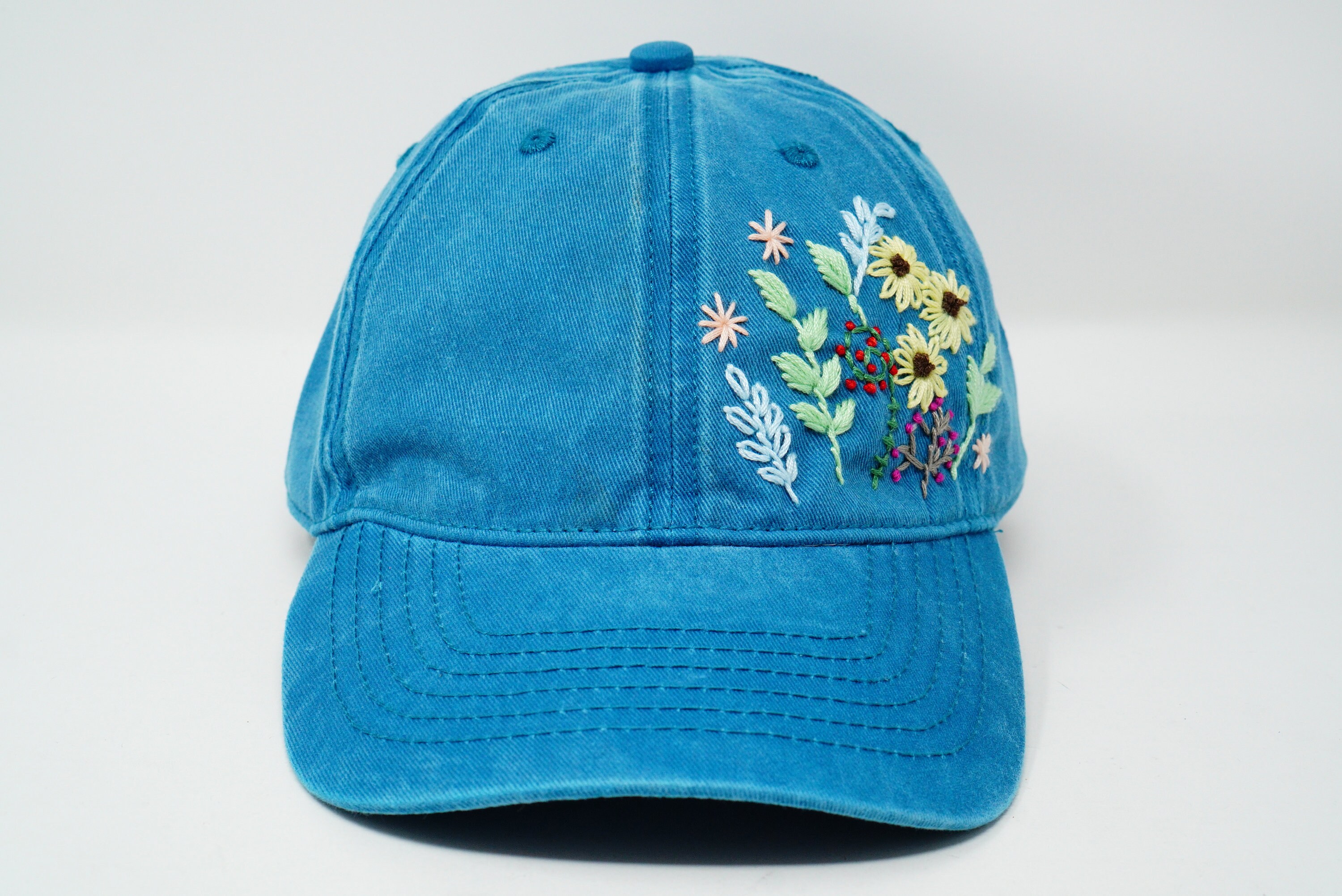 100% Cotton Baseball Cap, Hand Embroidered Mix Flower Hat, Curved Brim ...