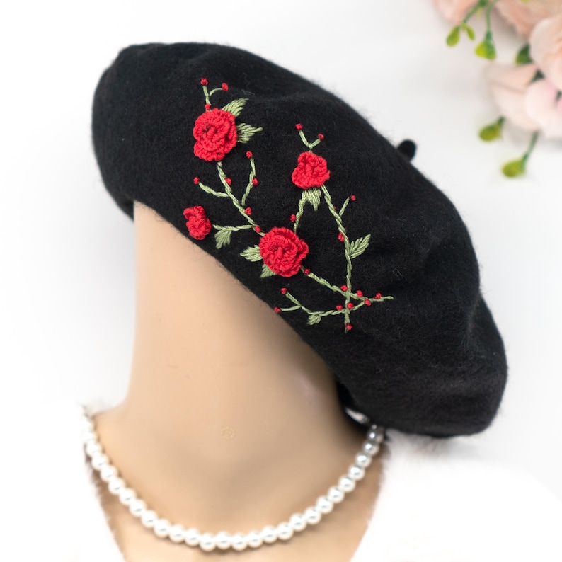 Handmade Rose Floral Embroidery Cream White Wool Beret - Women's ...