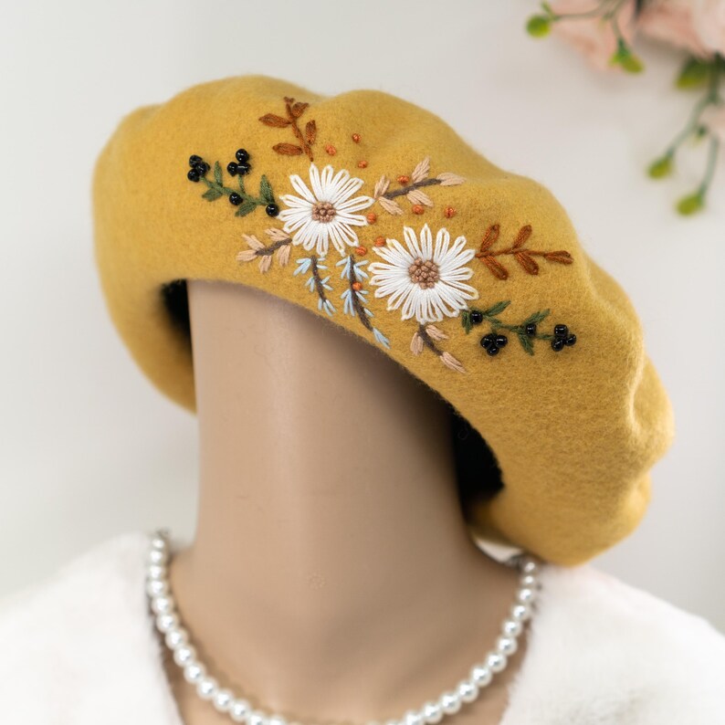 Hand Embroidered French Beret With Floral Design - 100% Wool Premium ...