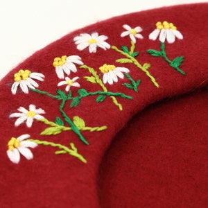 100% Wool Beret Hat, Winter French Cap W/ Hand Embroidered Flower ...